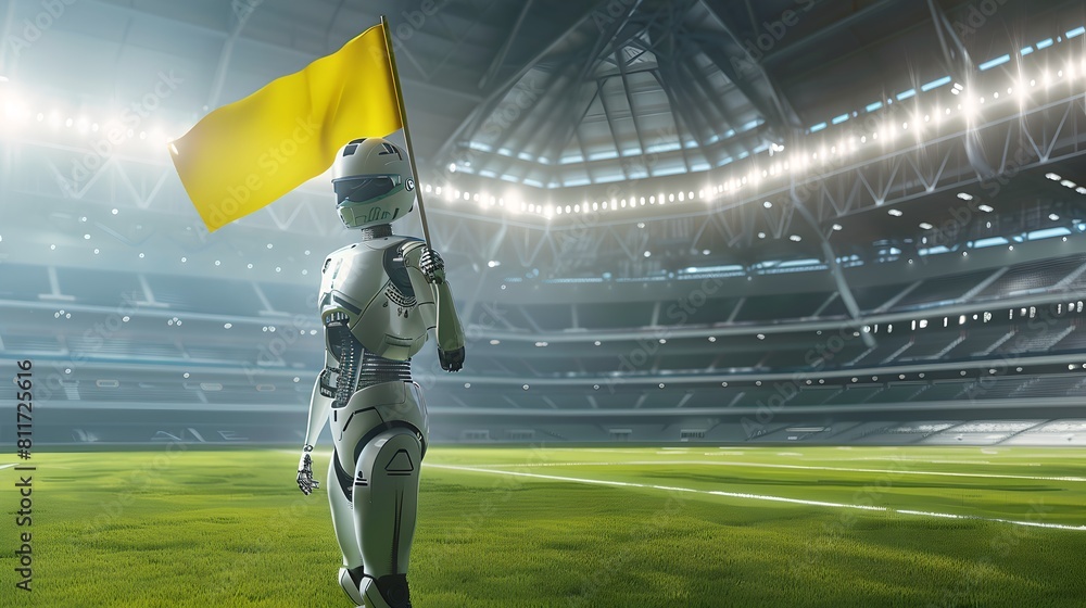 Futuristic AI Robot Referee Holding a Yellow Flag on a Soccer Field at ...