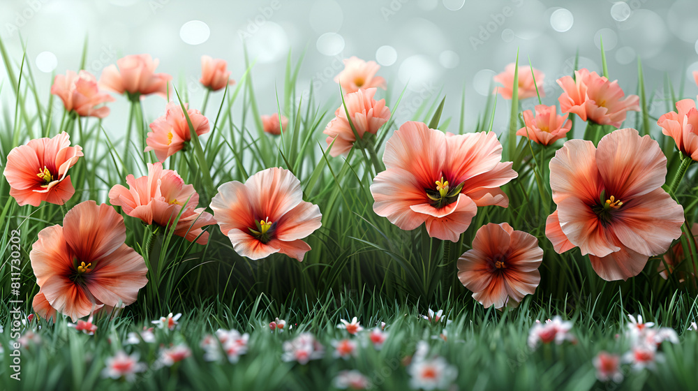 Spring Border with Green Grass and Flowers on Transparent, Flower ...