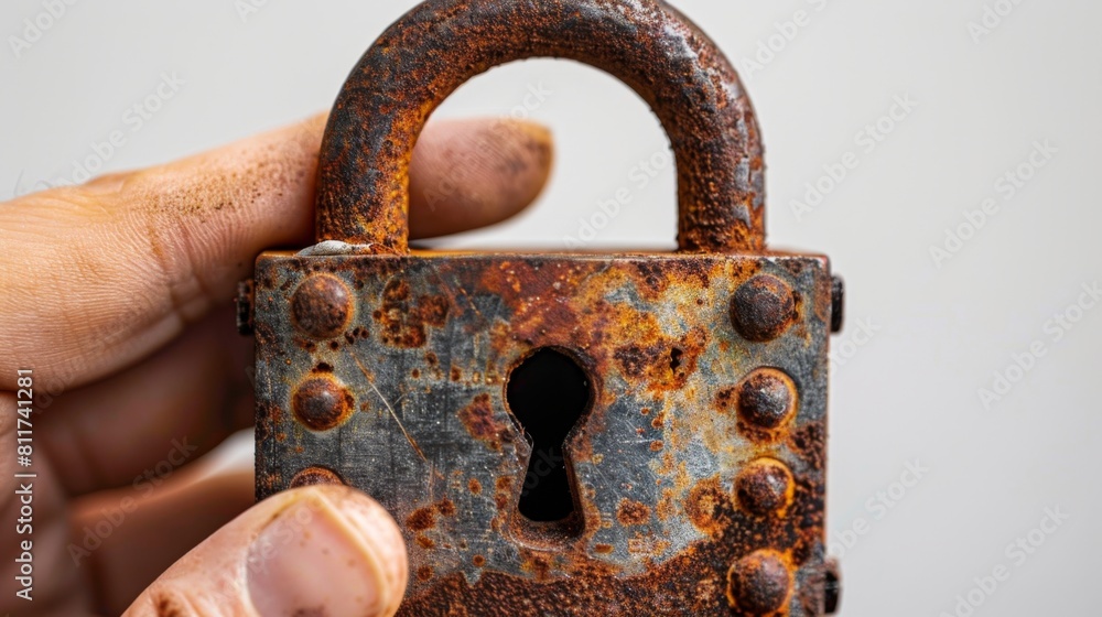 Hand holding a rusty padlock on white background with copy space，Rustic ...
