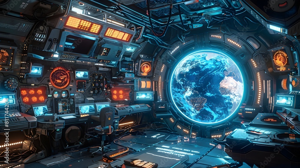 Futuristic Sci Fi Control Room with Interactive Cosmic Battlefield ...