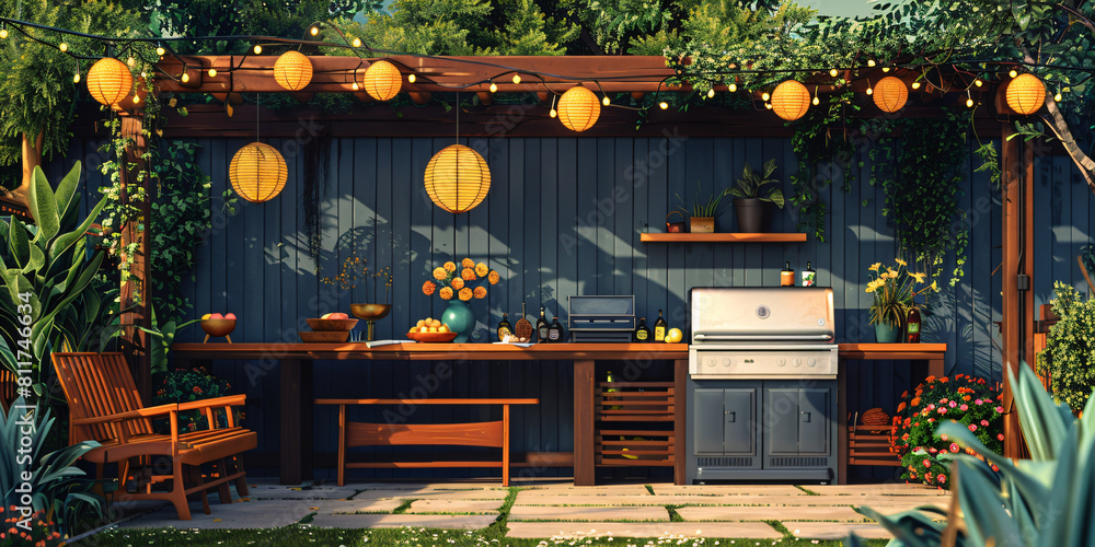 Outdoor backyard BBQ party setups. Digital illustrations of evening ...