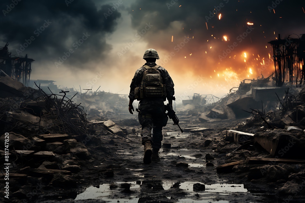 War Concept. Military silhouettes fighting scene on war fog sky ...