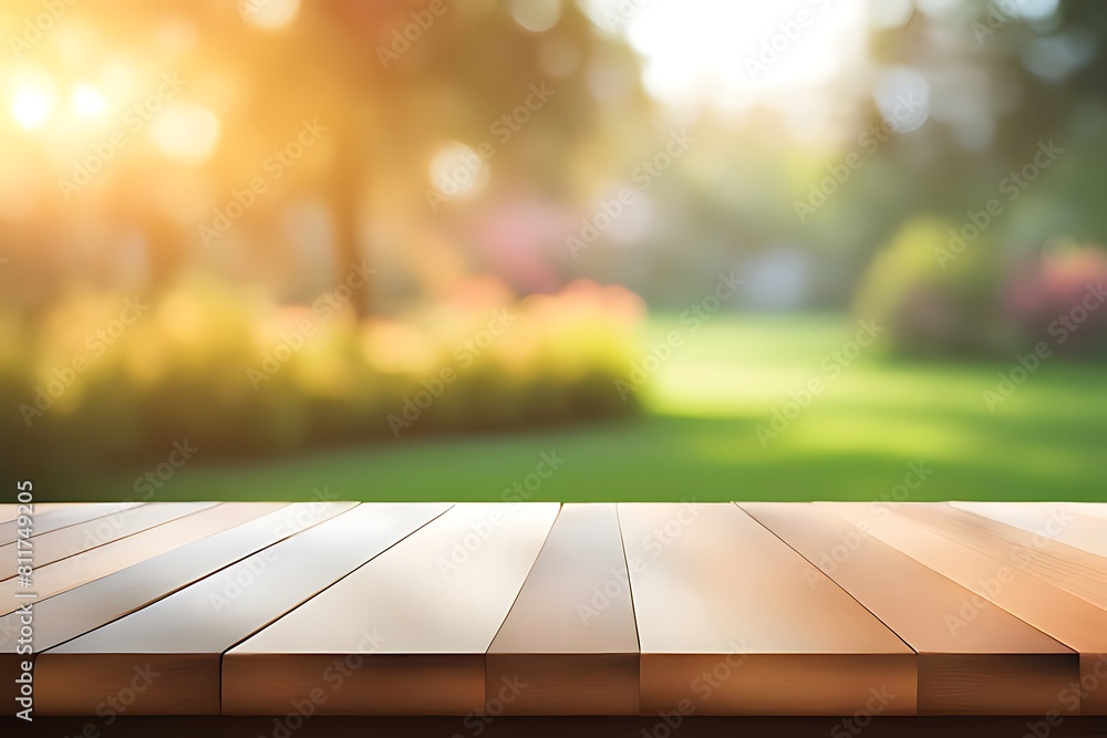 Empty wood table top, on blur abstract garden and house background from ...