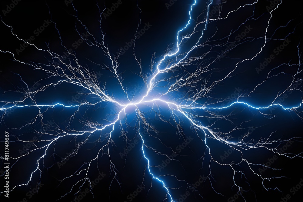 Electric blue lightning bolts strike from a central point against a ...