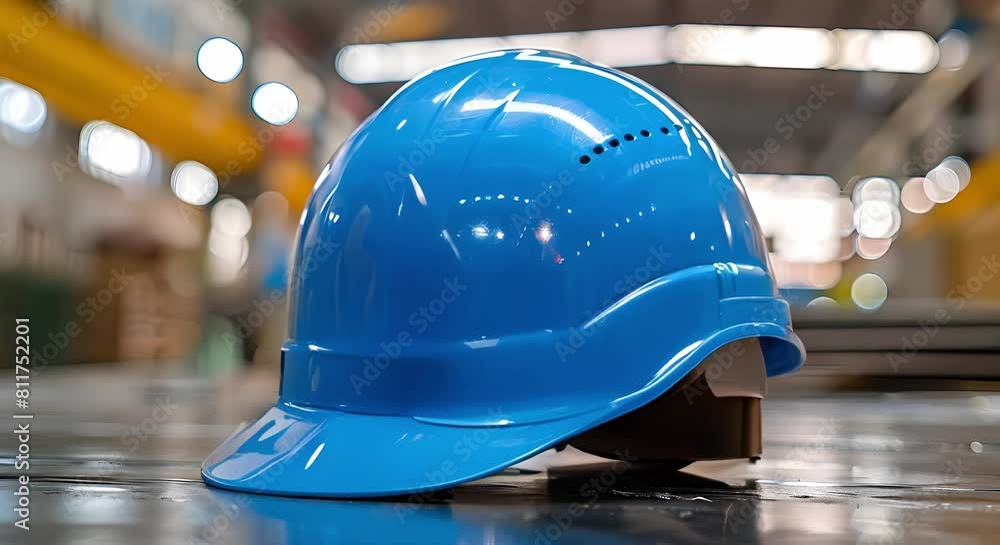 Blue safety helmet for construction worker PPE in factory setting for ...
