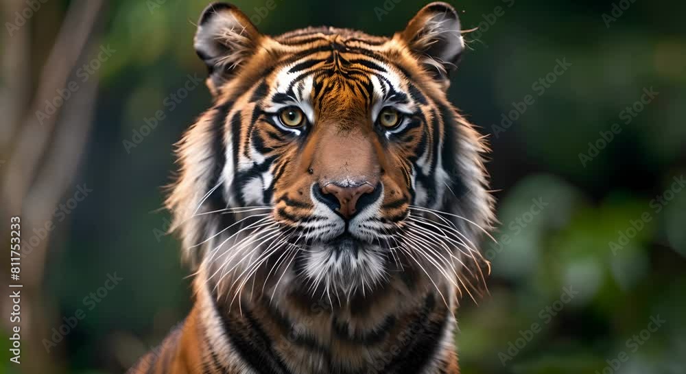 Closeup portrait of a majestic Sumatran tiger in the jungle. Concept ...