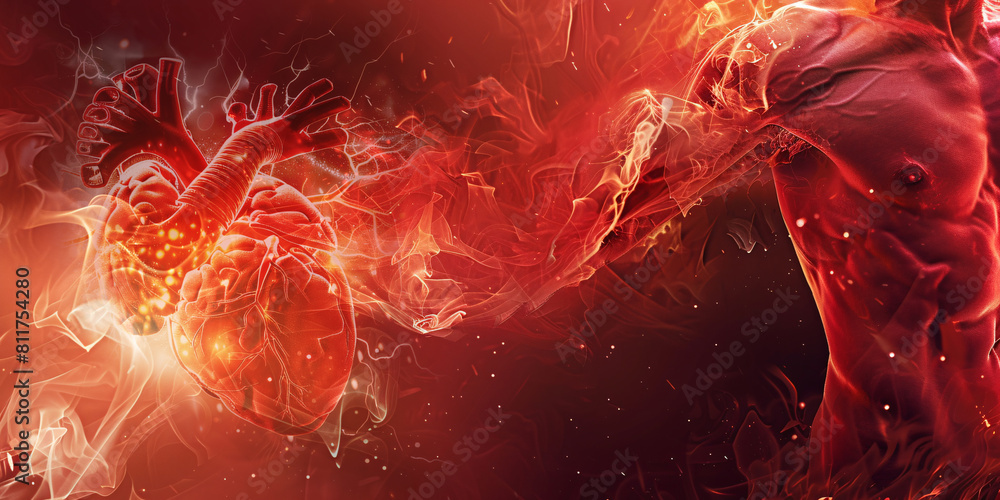 Red blood cells heart and Metabolism adrenaline with human figure on ...