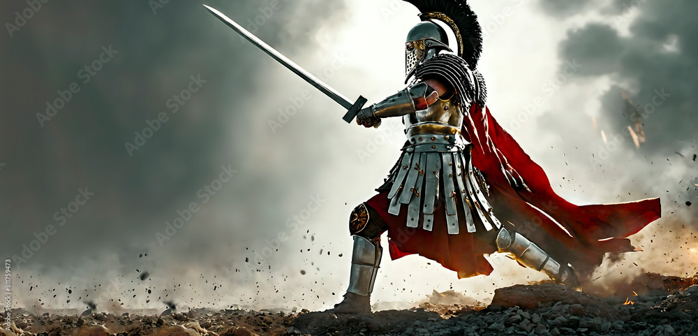 Spartan man in gladiator helmet and red long cloak standing with steel ...
