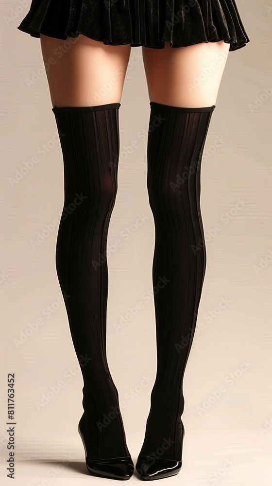 Female legs in black thigh high socks, mini-skirt and pointed shoes ...