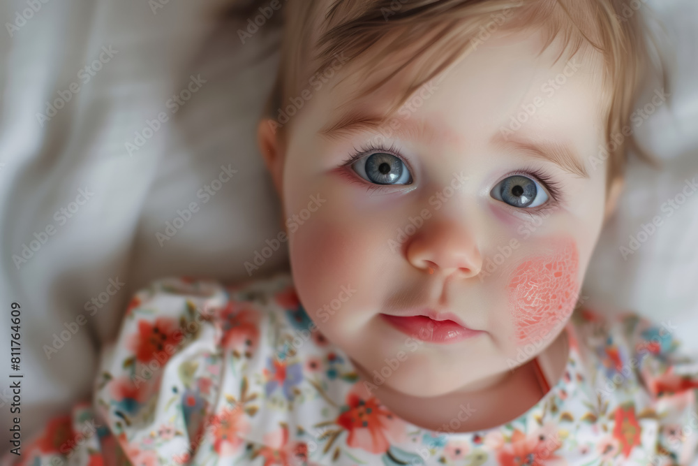 baby girl showing signs of food allergies with red cheek rash in floral ...