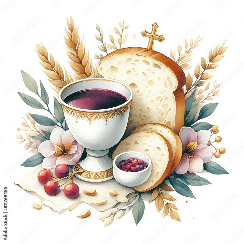 Watercolor Illustration Depicting a Cup and Bread, Inspired by Catholic ...