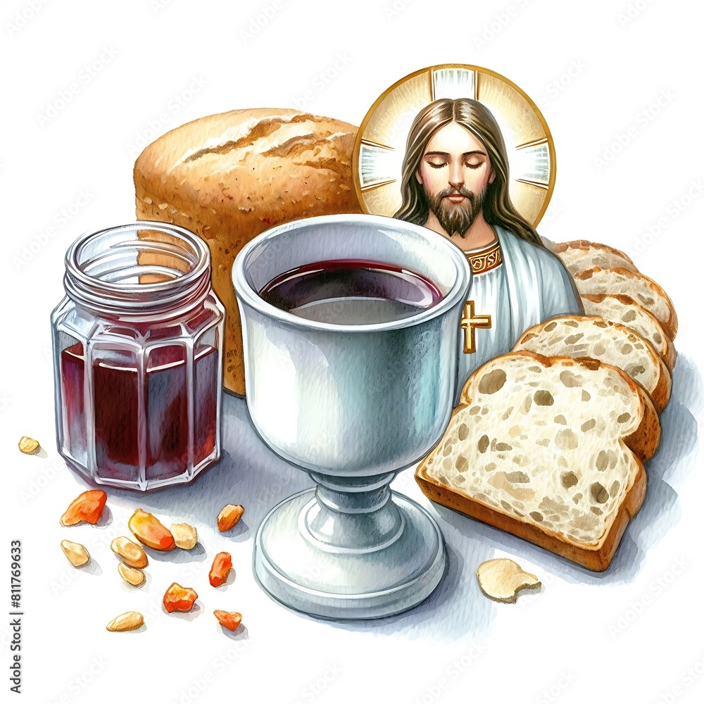 Watercolor Illustration Depicting a Cup and Bread, Inspired by Catholic ...