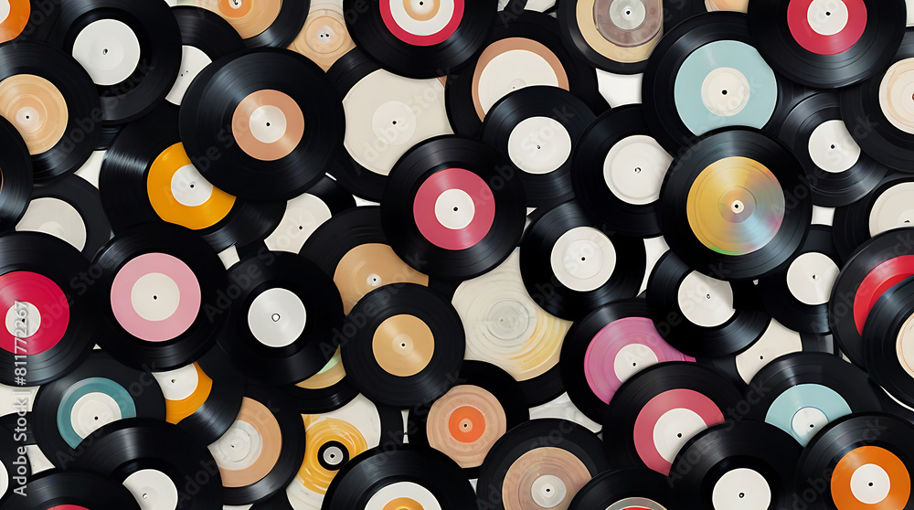 Vinyl music discs placed in a pattern on a white background with ...