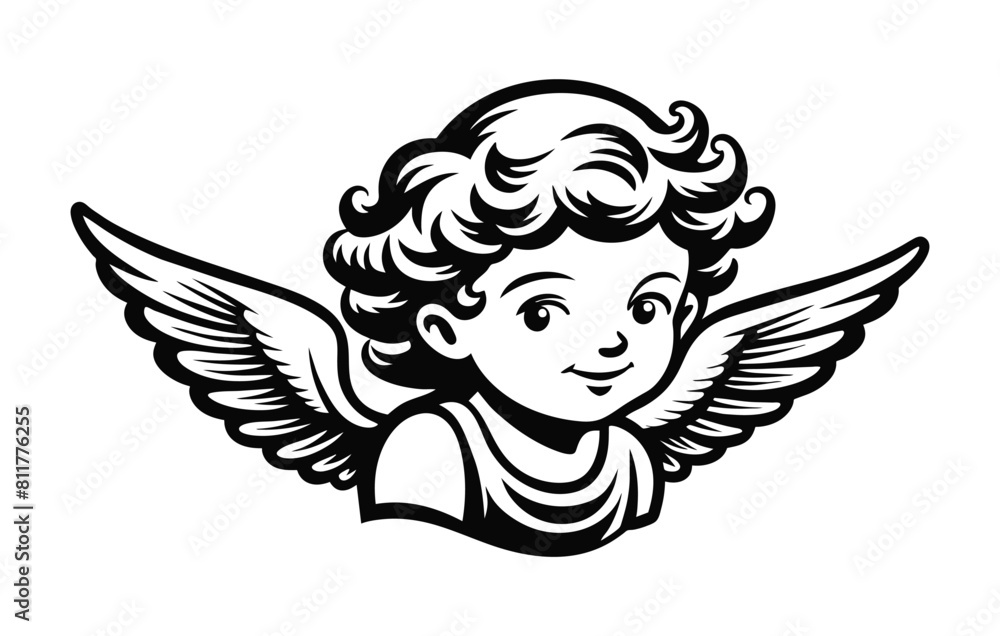 Cute Cupid with shooting an arrow engraving art vector. Outline little ...
