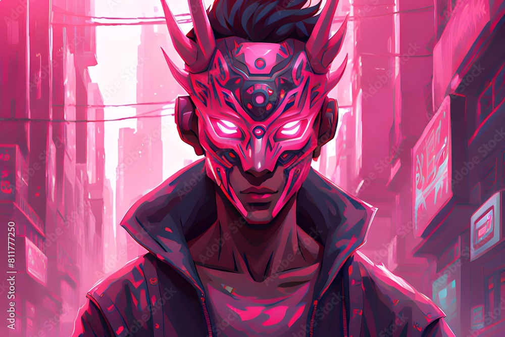 Techno-inspired anime youth wearing a rosy oni mask Stock Illustration ...