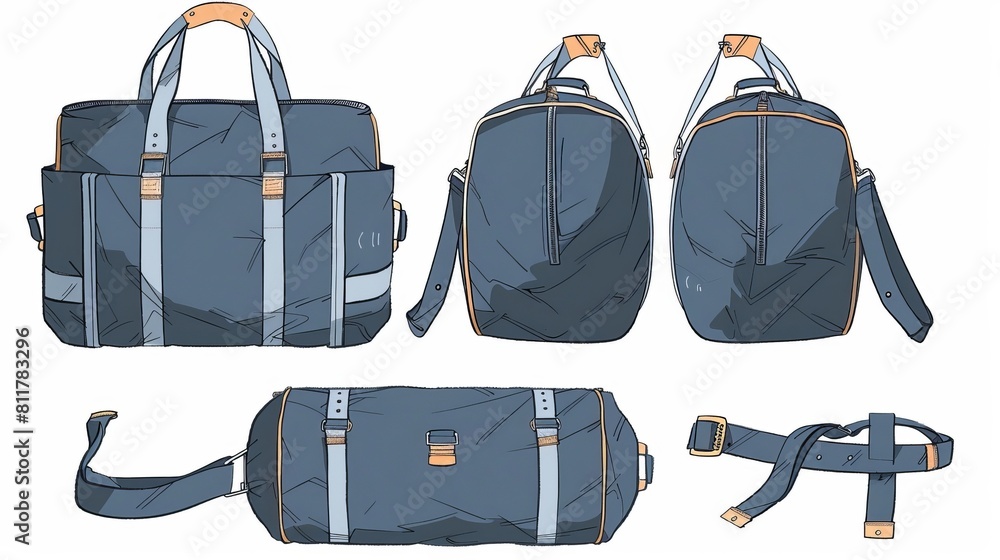 Set of Duffel bags, barrel bag flat sketch vector, sport duffle bag cad ...