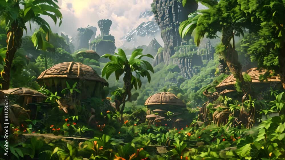 This photo depicts a colorful painting of a jungle landscape featuring ...