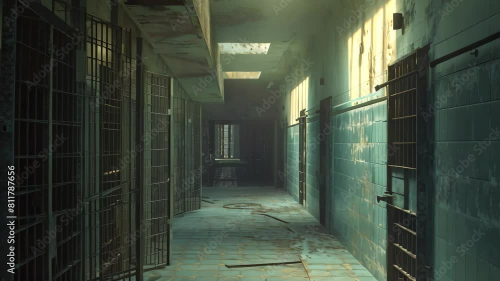 This photo showcases a lengthy corridor with bars running along its ...