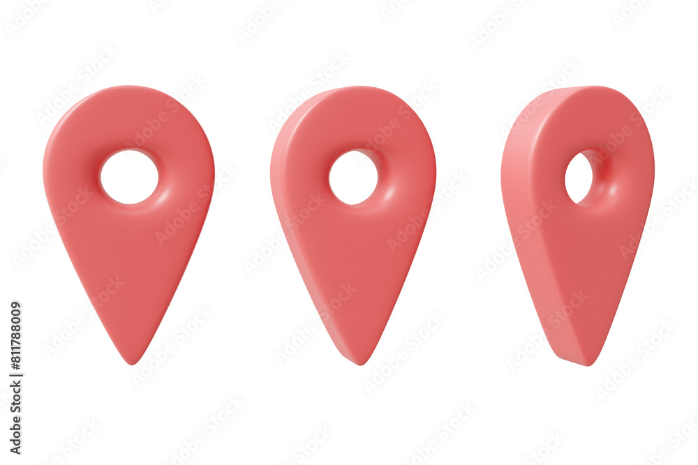 3D illustration of 3 red push pin icons in different poses with ...