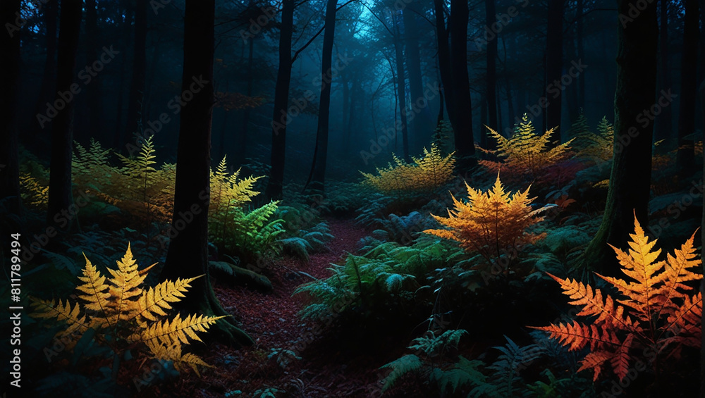 ome ferns in a dark forest. The ferns are lit by a dim light, Stock ...