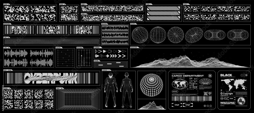 Futuristic design elements. 3D wireframe shapes, cyberpunk windows ...