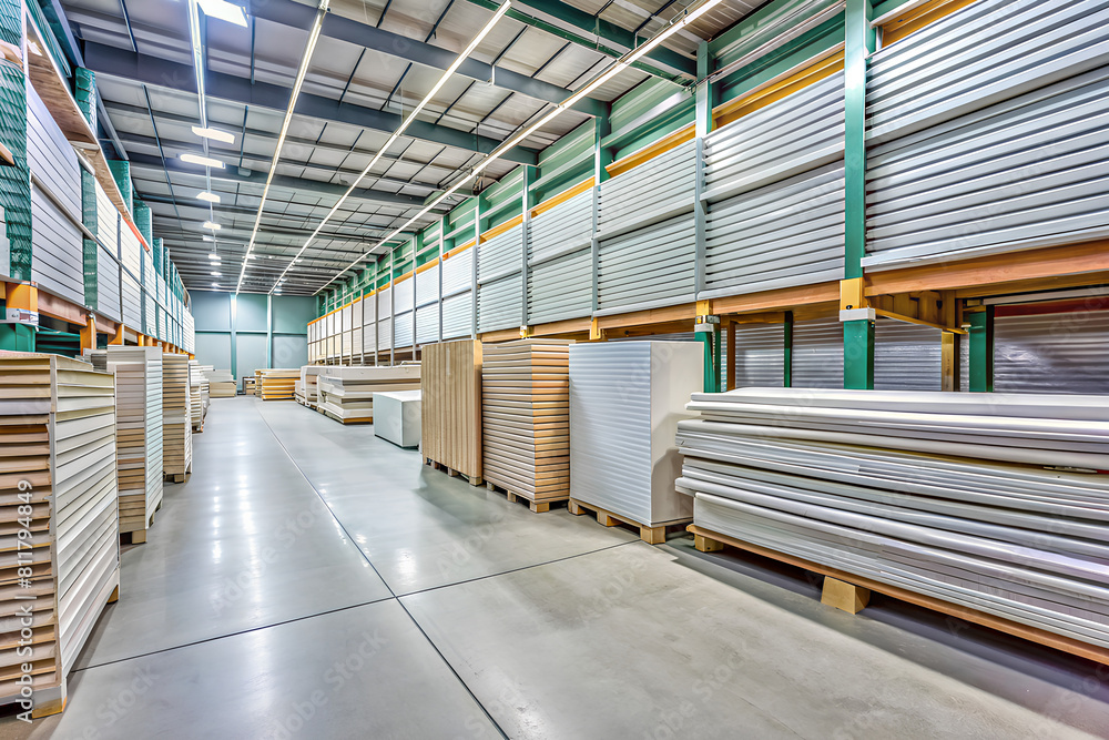 Blurred image hardware store with aisle of gypsum board/sheetrock for ...