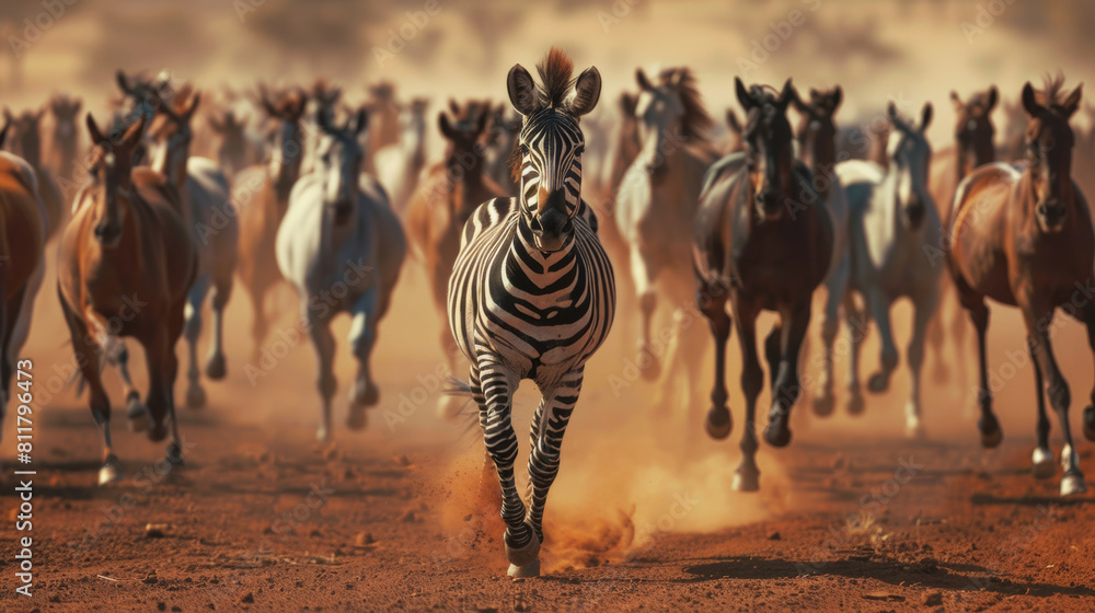 Zebra taking the lead in a wild stampede of horses across a dusty ...