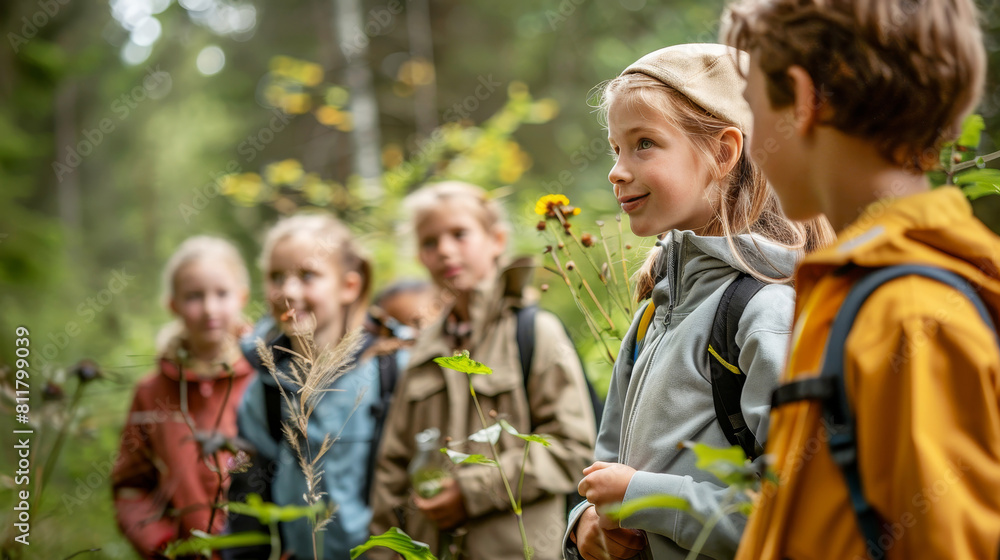 Group of children learning on a guided nature trail in a lush forest ...