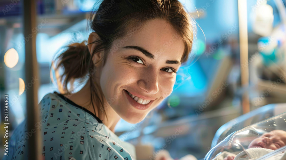 Neonatal nurse smiling while caring for a newborn in a hospital setting ...