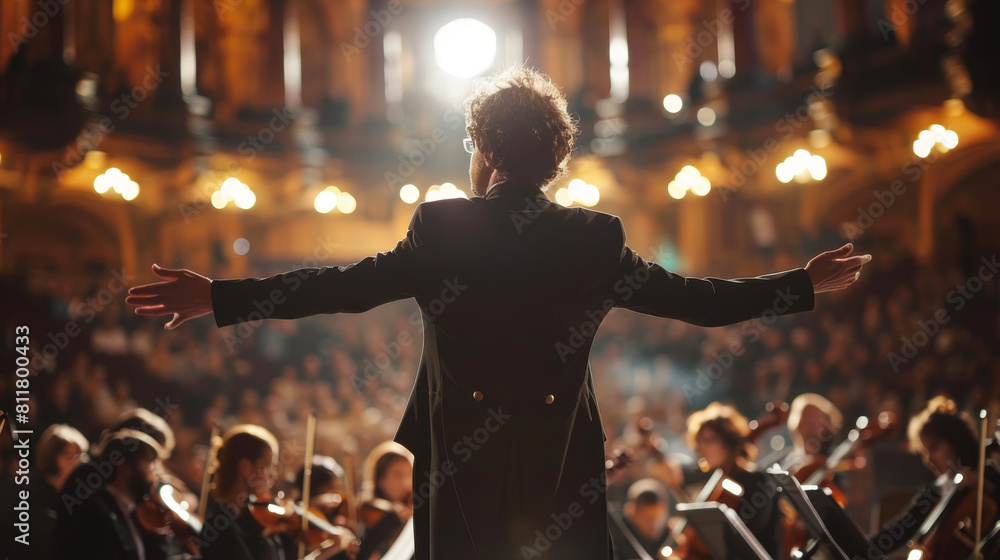 Passionate symphony orchestra conductor leads musicians in elegant ...