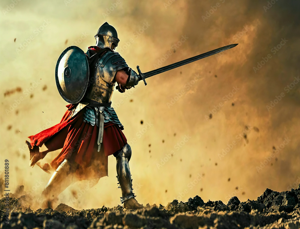 Spartan man in gladiator helmet and red long cloak standing with steel ...