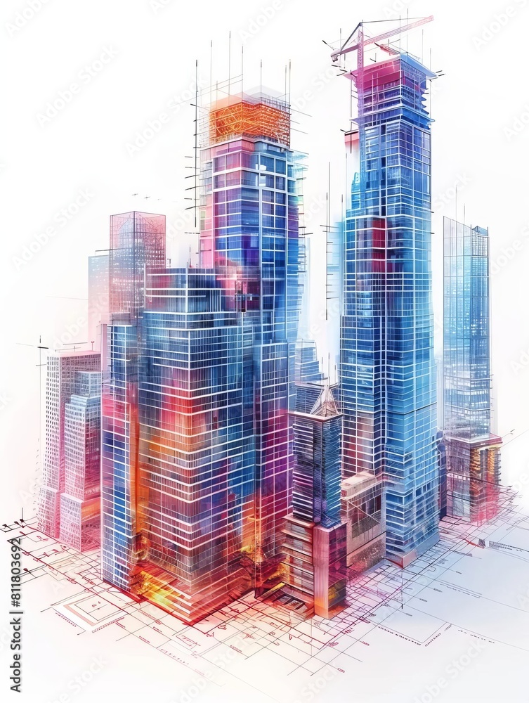 Skyscrapers on the blueprint Construction concept 3d illustration, Shot ...