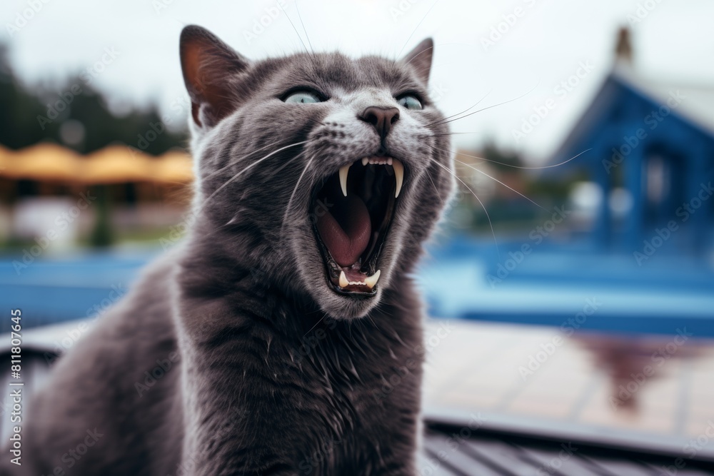 Lifestyle portrait photography of a cute russian blue cat yawning over ...