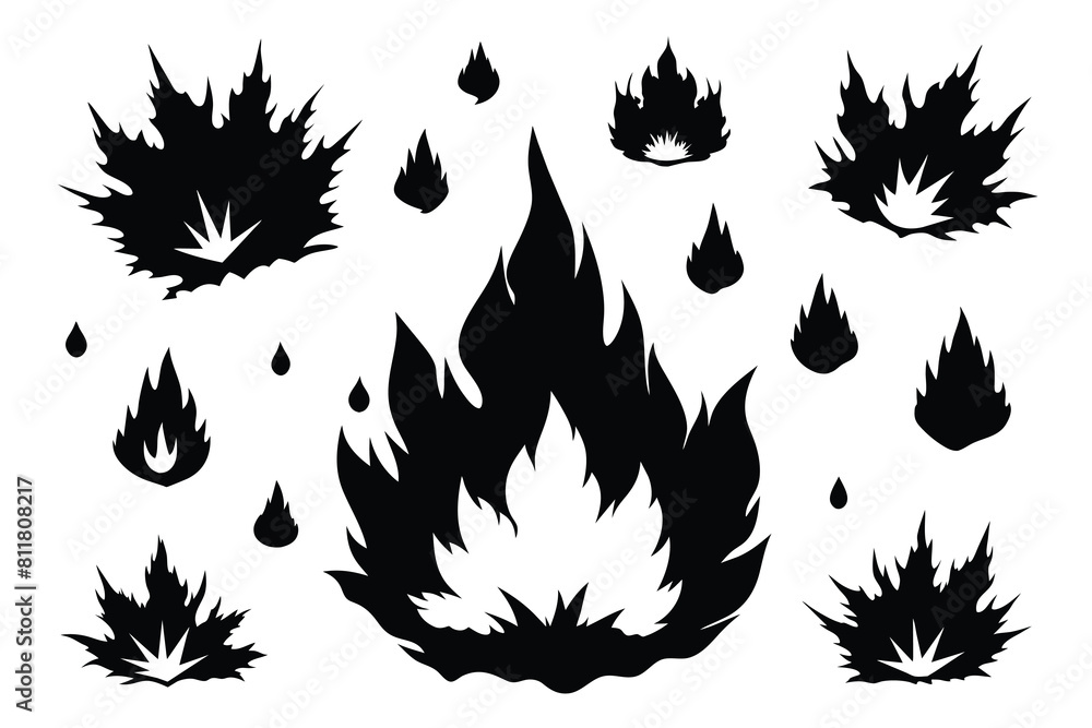Fire flame manga explosion effect. Black ink hand drawn silhouettes ...