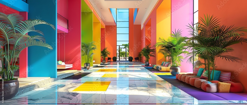 Colorful hotel lobby with pink, blue, yellow, and green walls, white ...