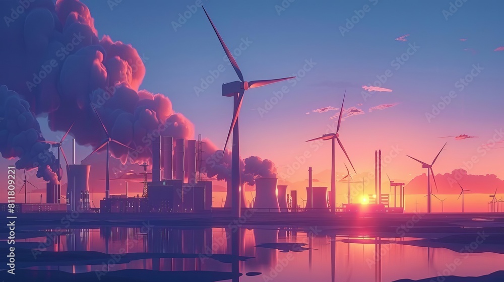 Wind power plant and technology Smart grid Renewable energy Sustainable resources, clear white ...