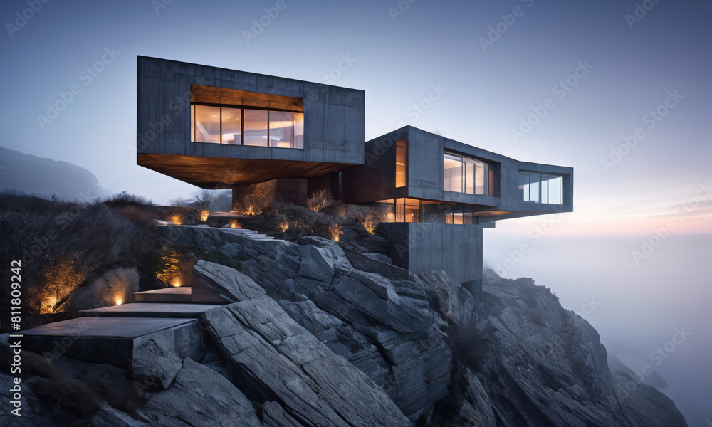 modern house on a cliff with large windows and a staircase leading to ...