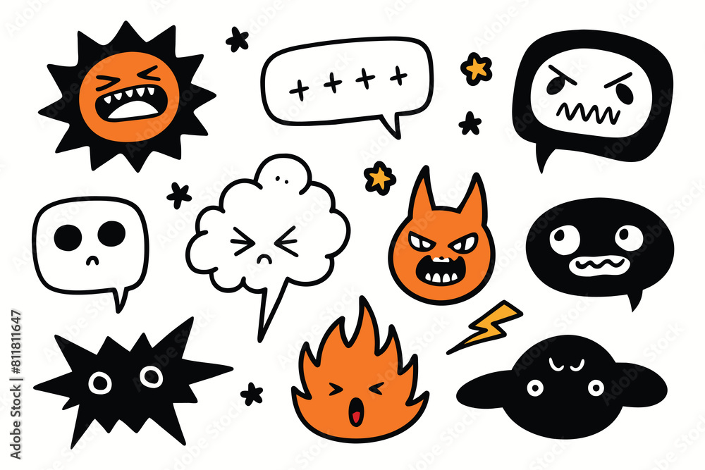 Set of hand drawn dialogue box with swear word, evil emoji, star and ...