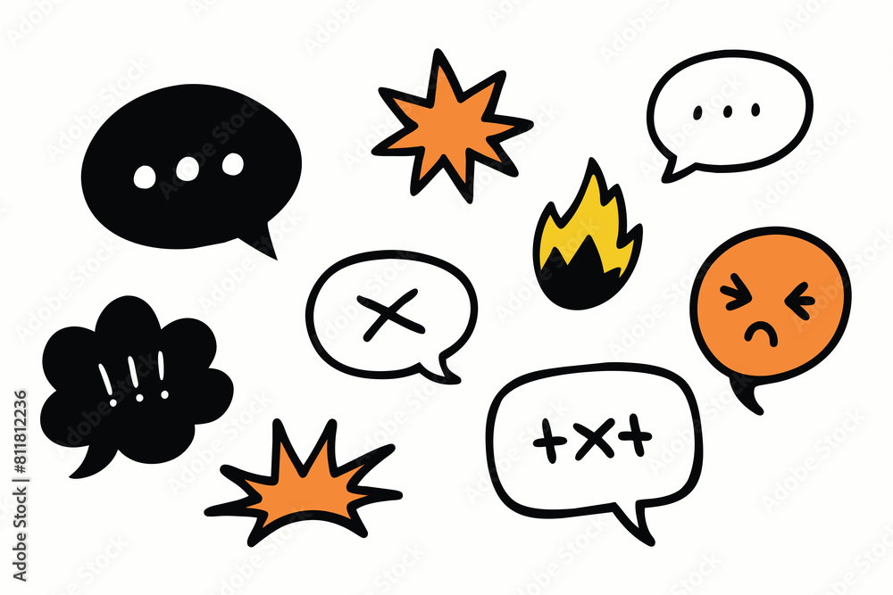 Set of hand drawn dialogue box with swear word, evil emoji, star and ...