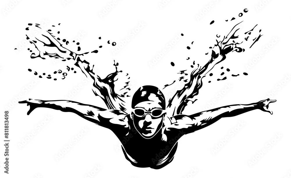 Dynamic black and white illustration of a swimmer diving gracefully ...