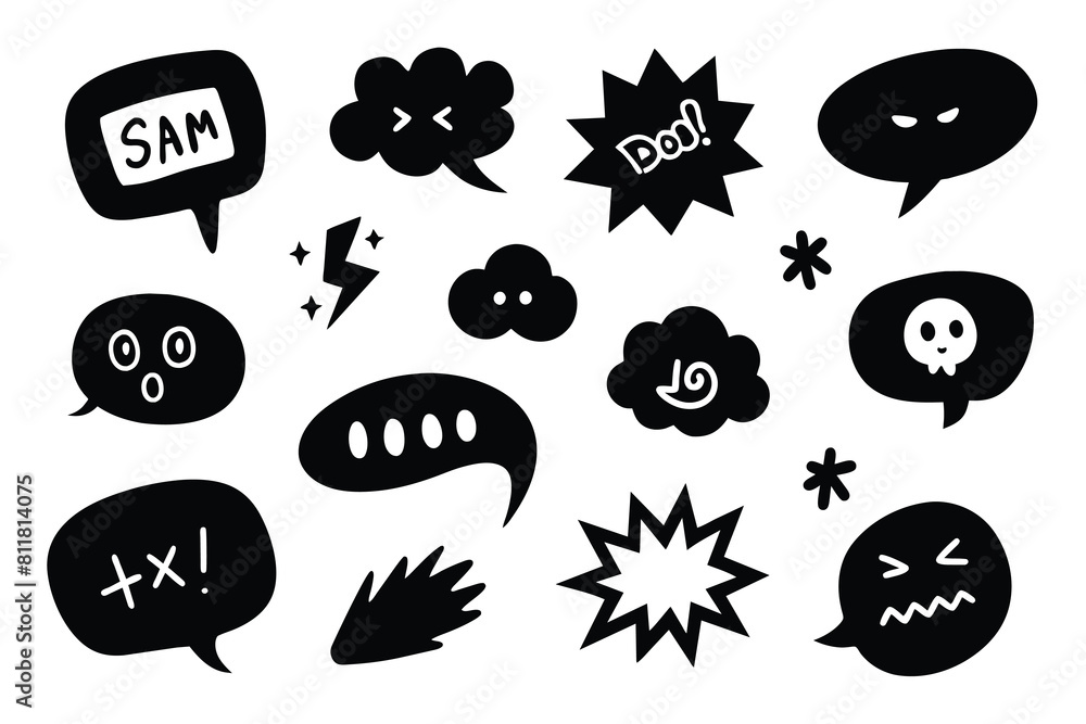 Set of hand drawn dialogue box with swear word, evil emoji, star and ...