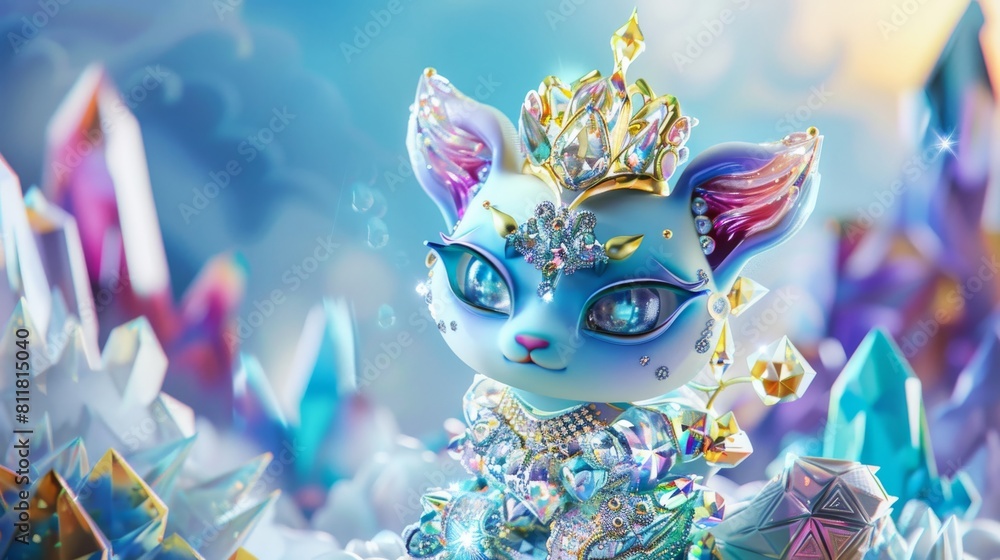 A cute cat wearing a crown sits on a pile of diamonds and gems. The cat ...