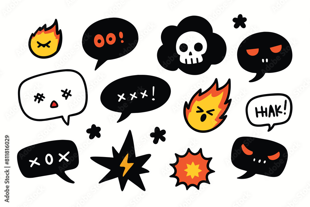 Set of hand drawn dialogue box with swear word, evil emoji, star and ...