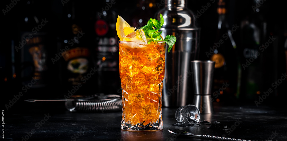 Boston ice tea, summer cocktail drink with rum, gin, vodka, tequila ...