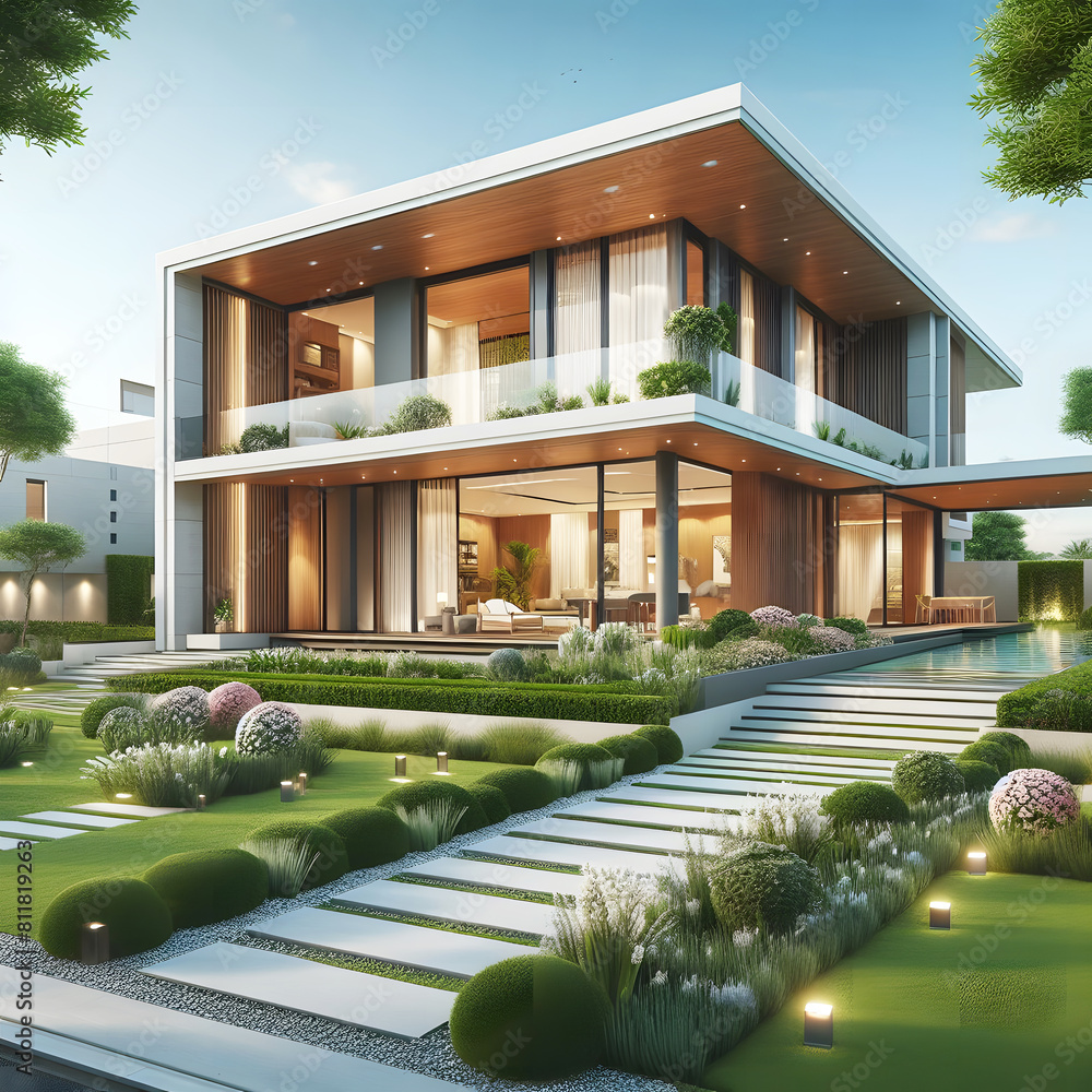 villa with wooden cladding and panel walls and landscaping design front ...