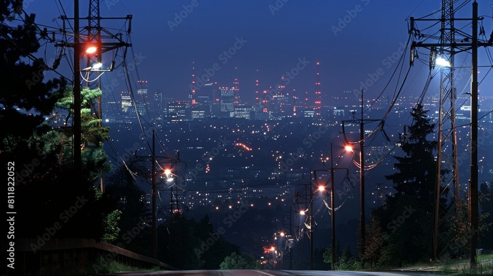 A panoramic view of a city at twilight, with a complex electric power ...