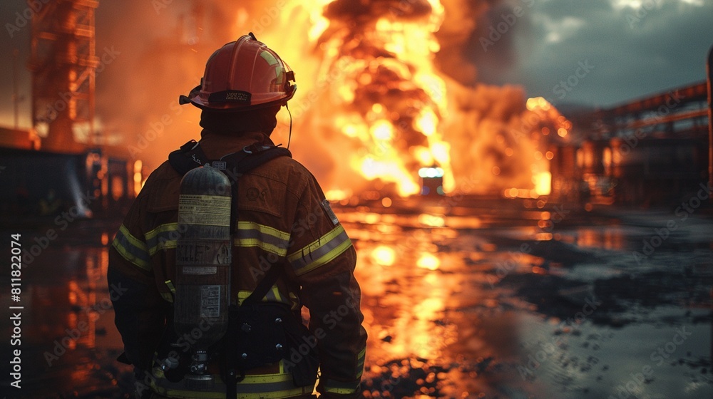 A tense moment captured as a firefighter in gear observes a massive ...