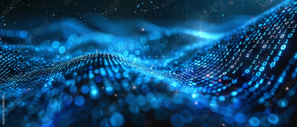 An abstract depiction of blue digital binary data on a computer screen, symbolizing cloud ...