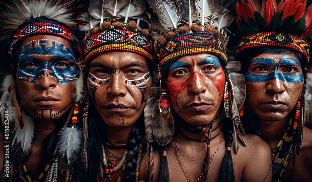 Indigenous tribal men in traditional outfits with feather headdresses ...