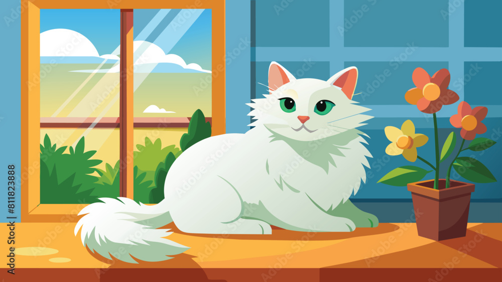 Fluffy white cat lounging on a windowsill, vector cartoon illustration ...